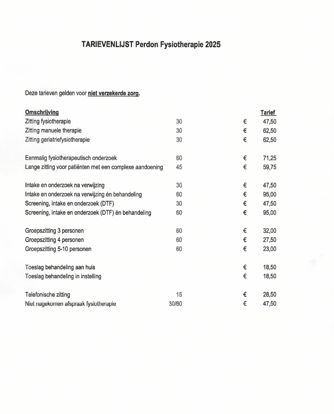 Tarieven – Perdon Fysiotherapie – Zuidlaren